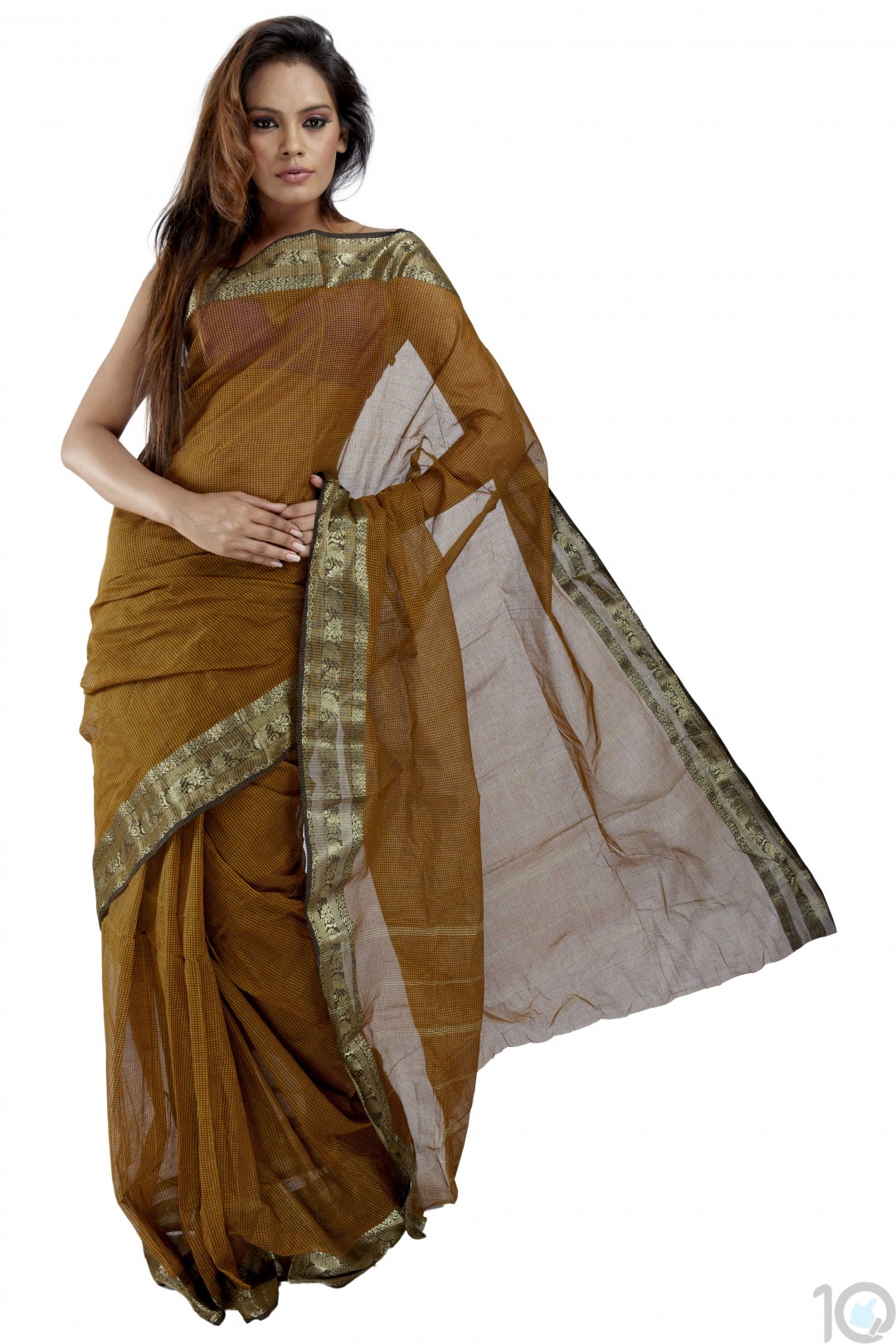 Bengal Tant Sarees | Mustard base; Black checks; Gold border | 4